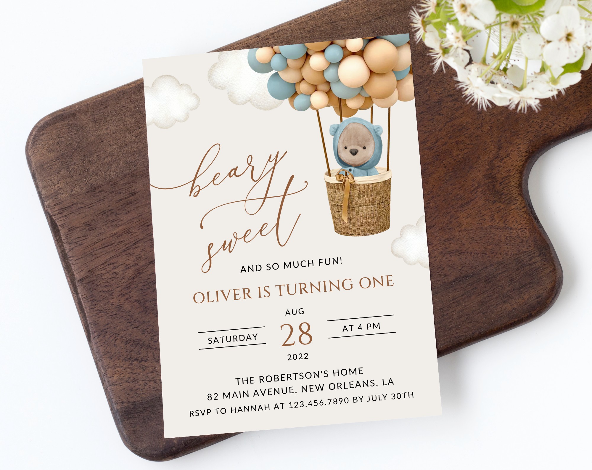 Bear and Blue Balloons First Birthday Invitation - Boy Birthday