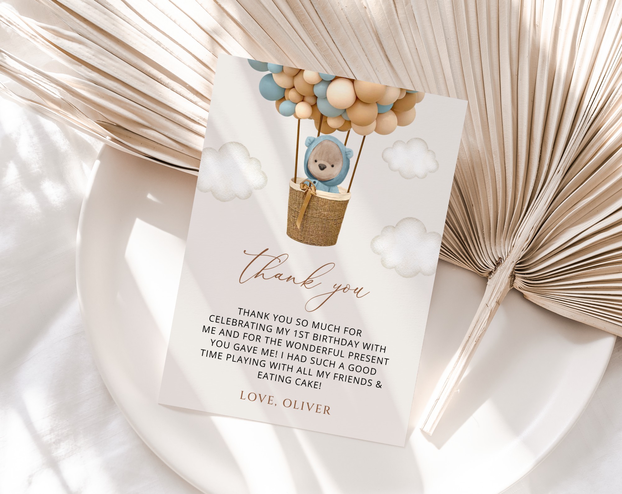 Bear and Blue Balloons Thank You Card - First Birthday