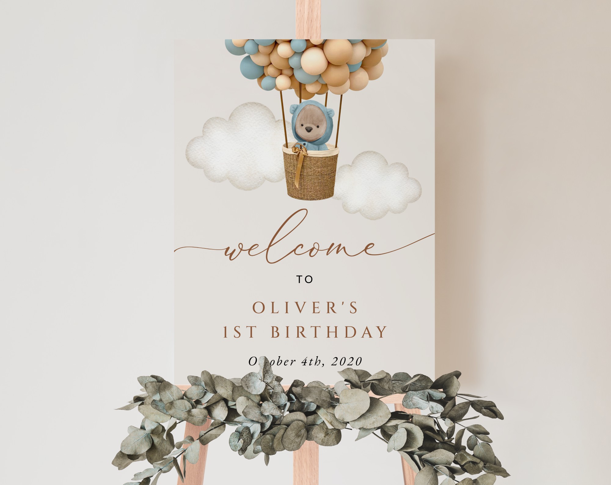 Bear and Blue Balloons Welcome Sign - First Birthday Sign