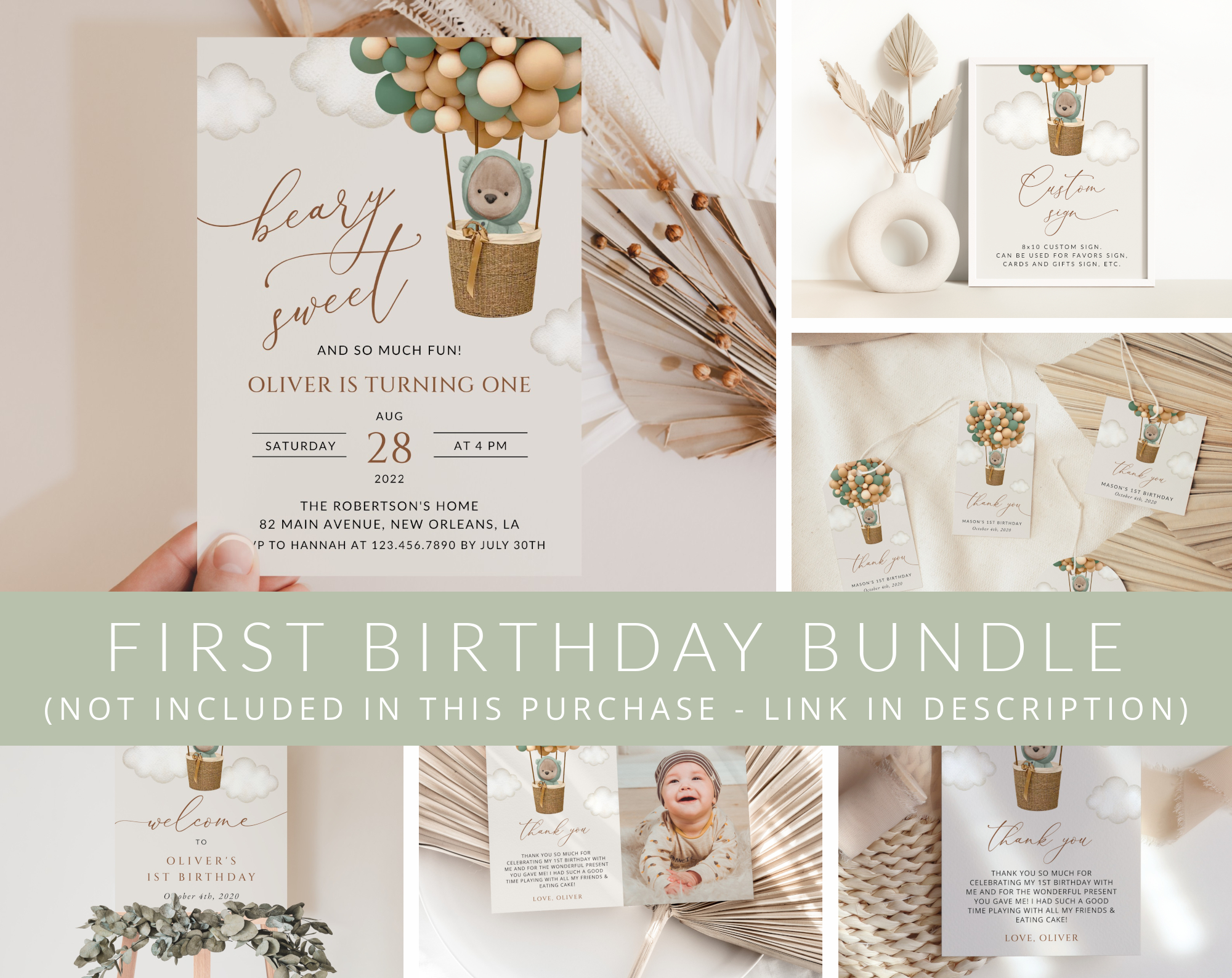 Bear and Green Balloons First Birthday Invitation - Boy Birthday