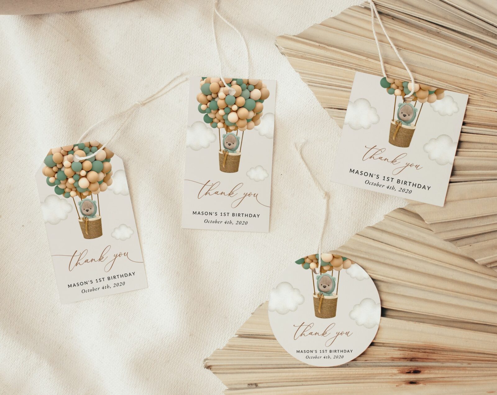 Bear and Green Balloons Favor Tags - First Birthday - Boy Birthday