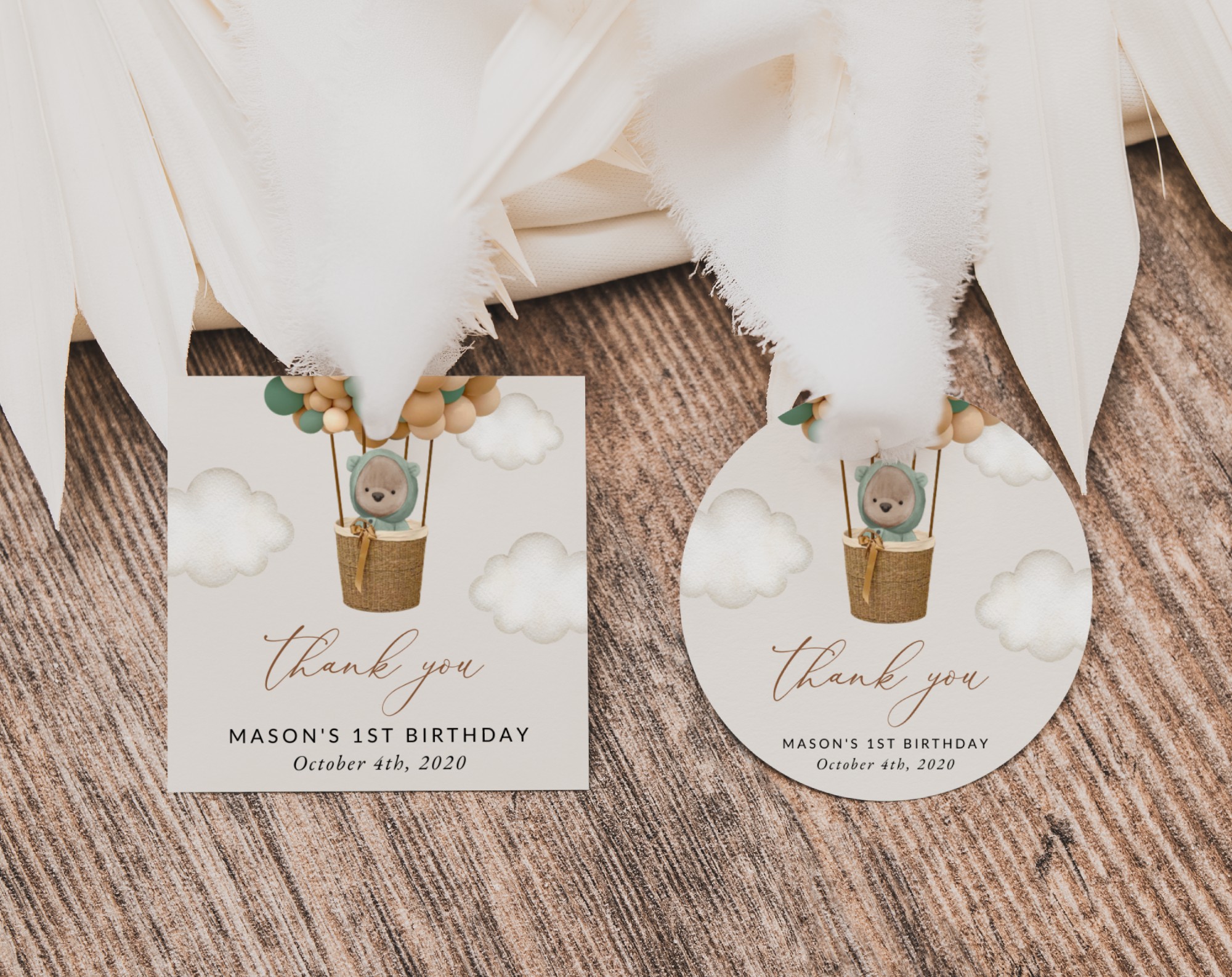 Bear and Green Balloons Favor Tags - First Birthday - Boy Birthday