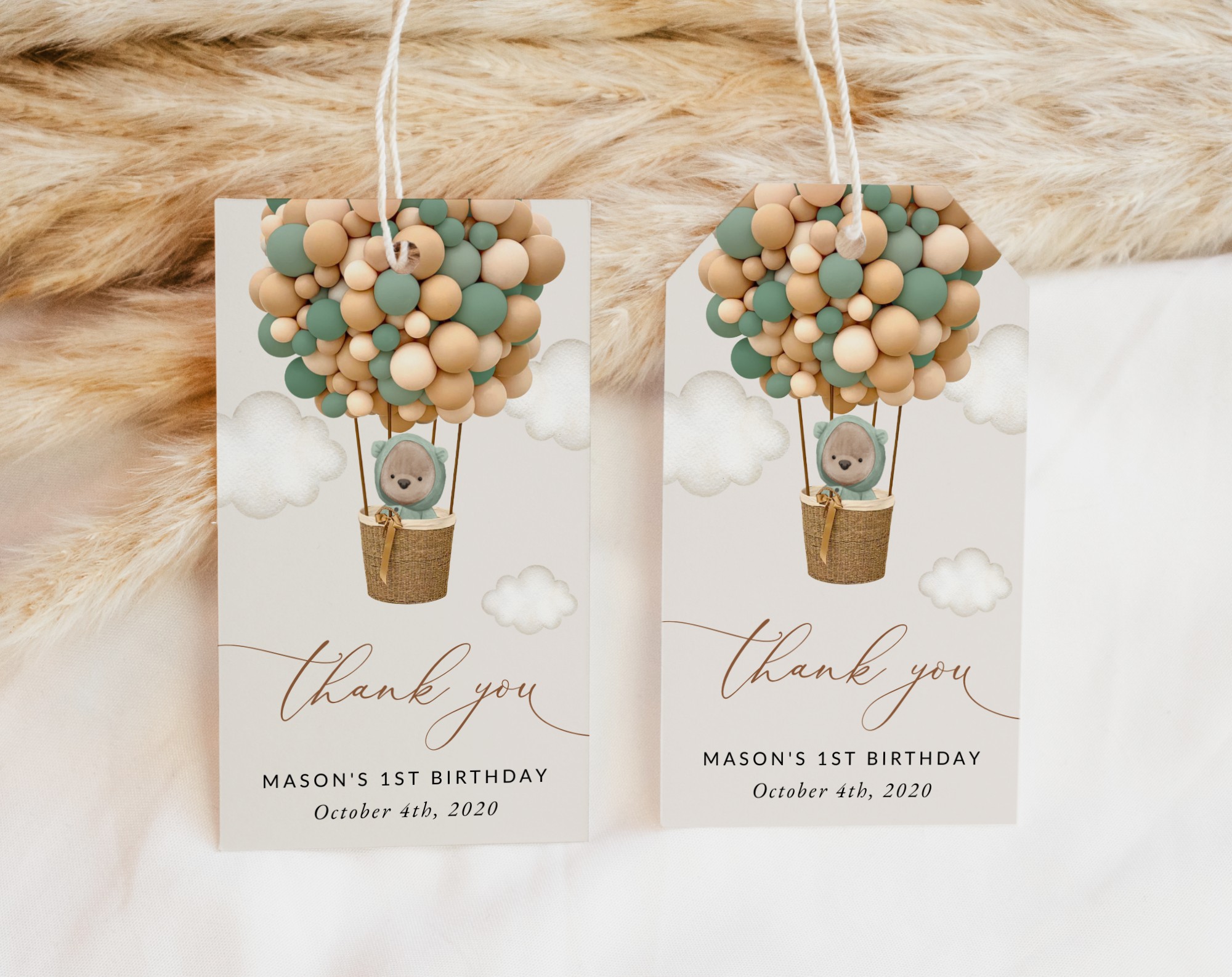 Bear and Green Balloons Favor Tags - First Birthday - Boy Birthday