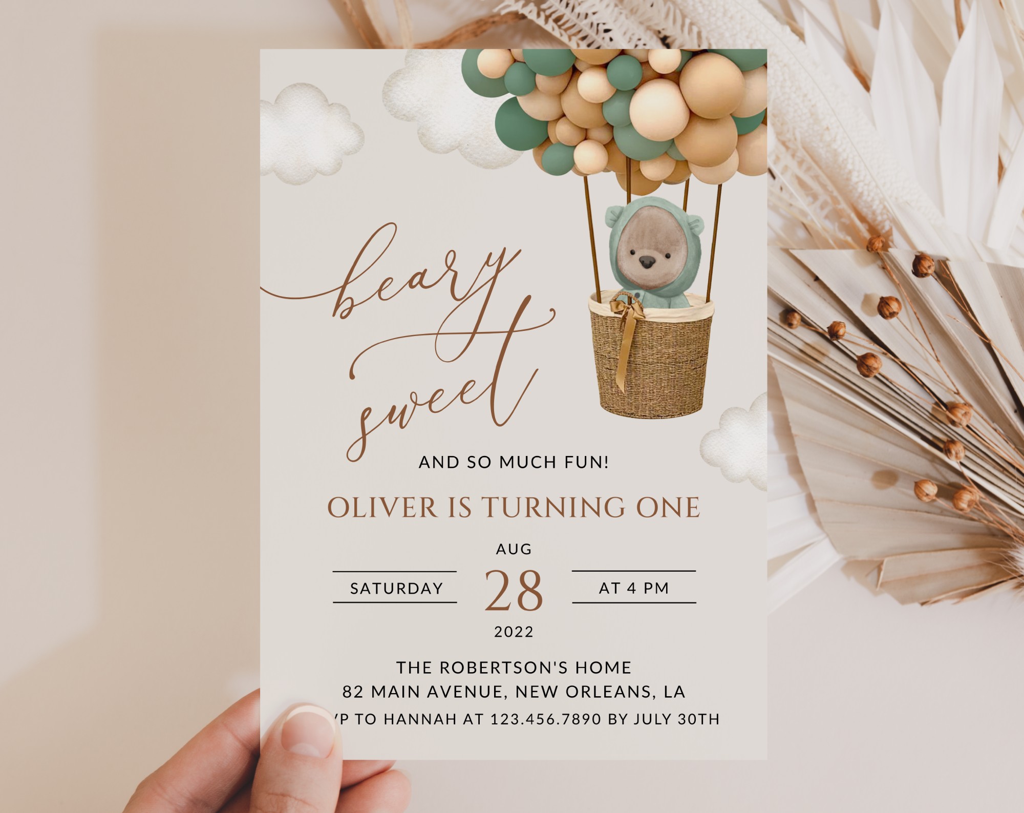 Bear and Green Balloons First Birthday Invitation - Boy Birthday