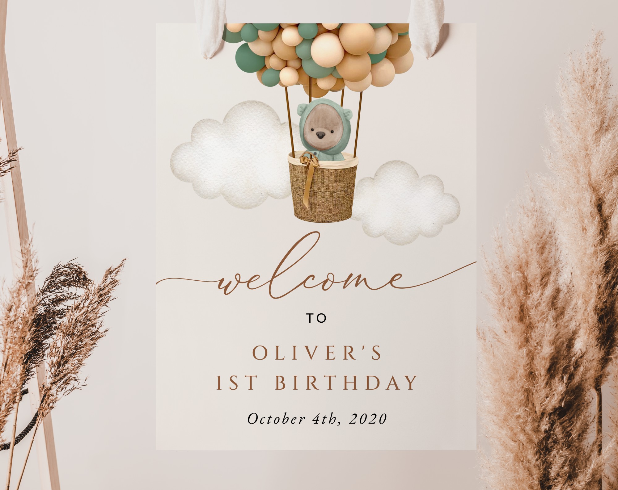 Bear and Green Balloons Welcome Sign - First Birthday Sign
