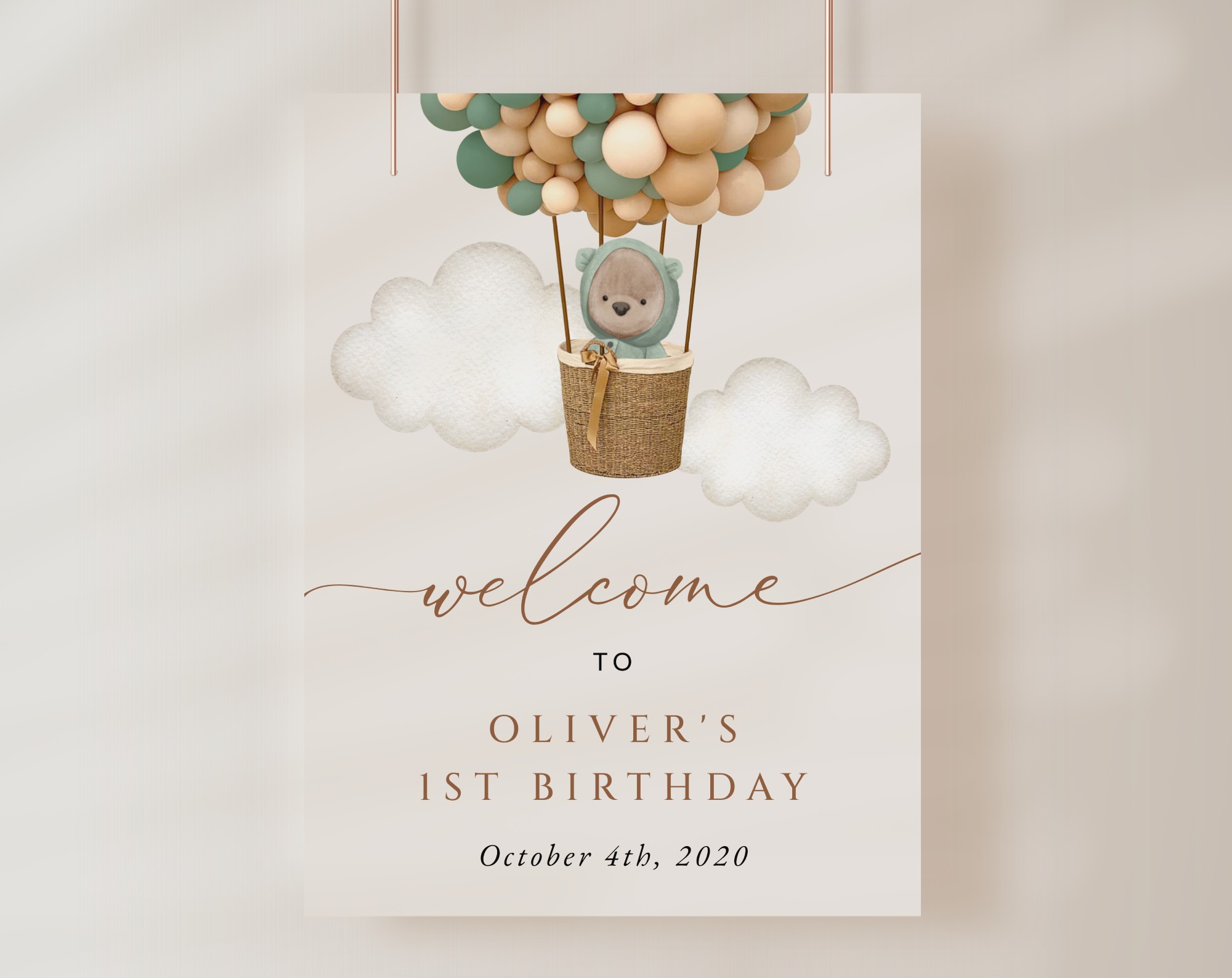 Bear and Green Balloons Welcome Sign - First Birthday Sign