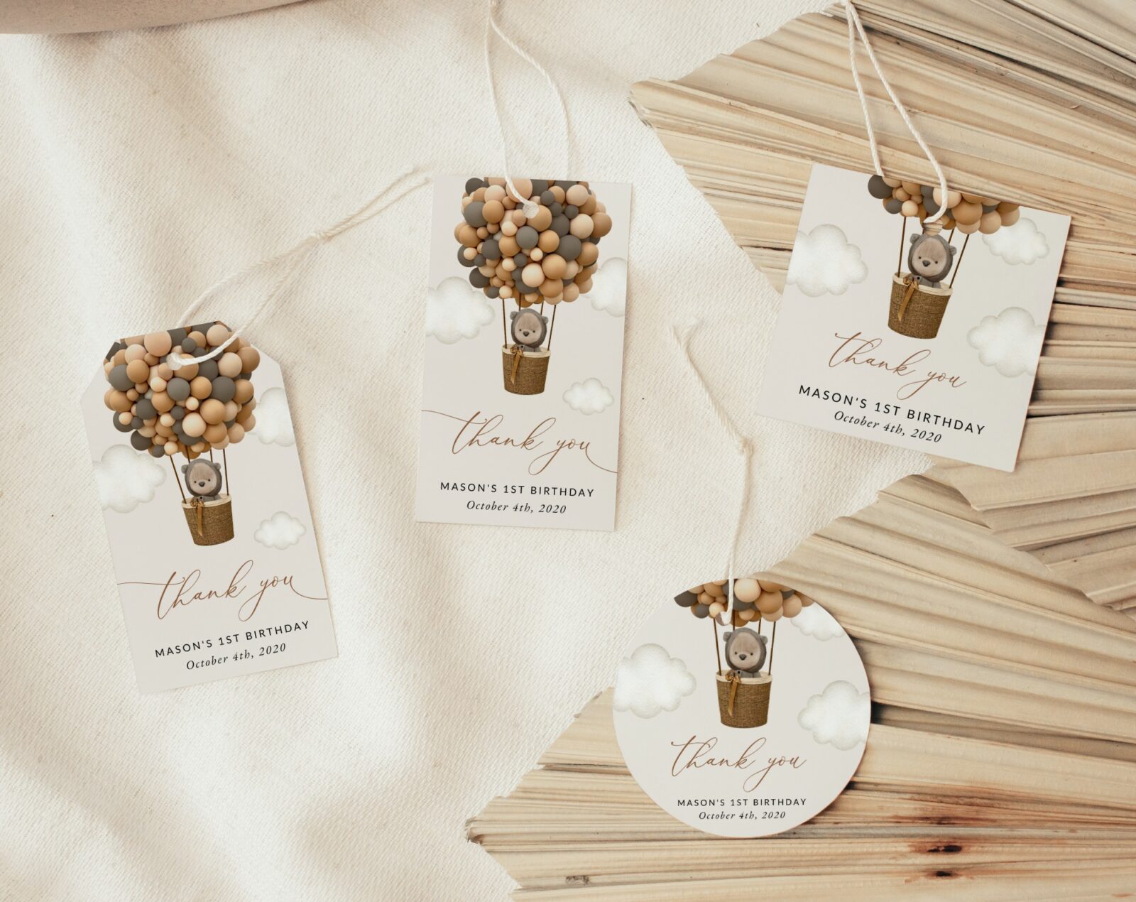 Bear and Brown Balloons Favor Tags - First Birthday - Boy Birthday