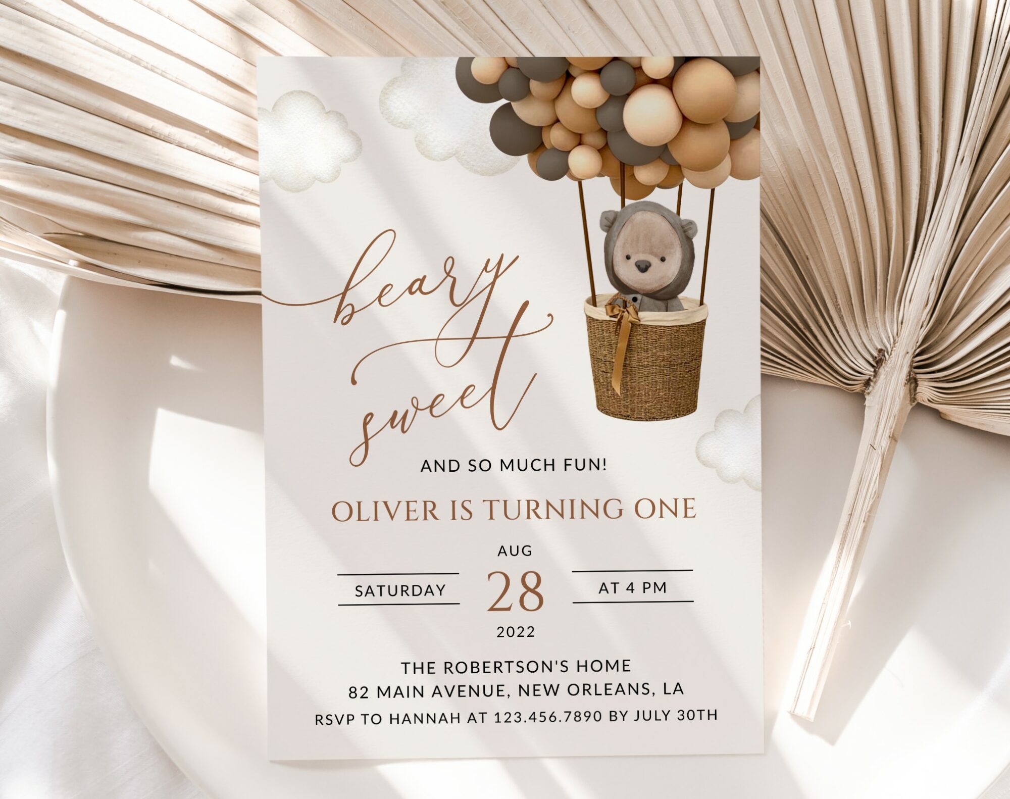 Bear and Brown Balloons First Birthday Invitation - Boy Birthday