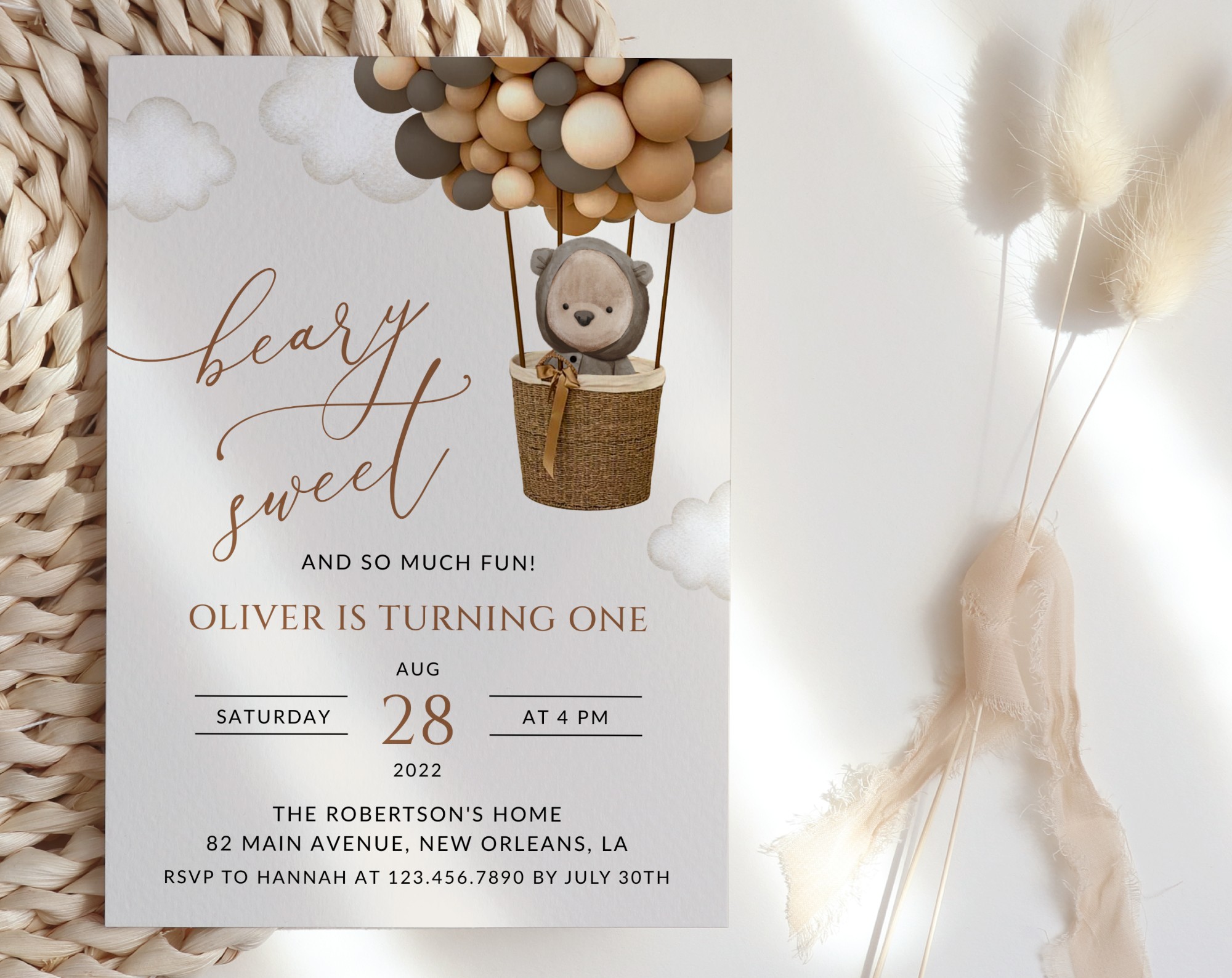 Bear and Brown Balloons First Birthday Invitation - Boy Birthday