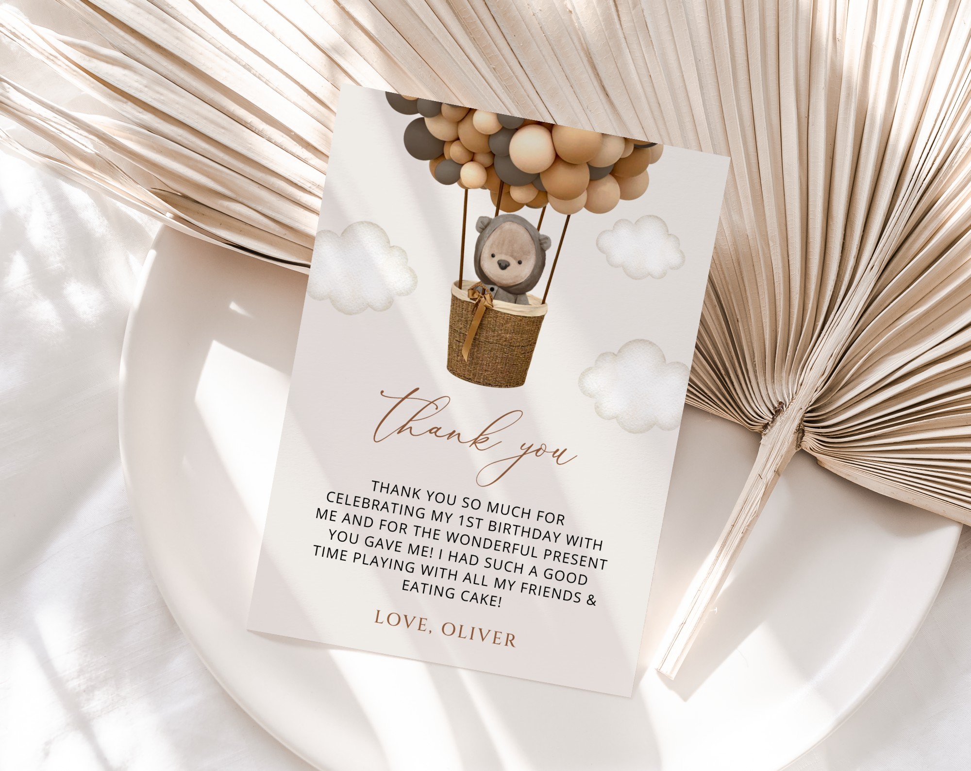 Bear and Brown Balloons Thank You Card - First Birthday