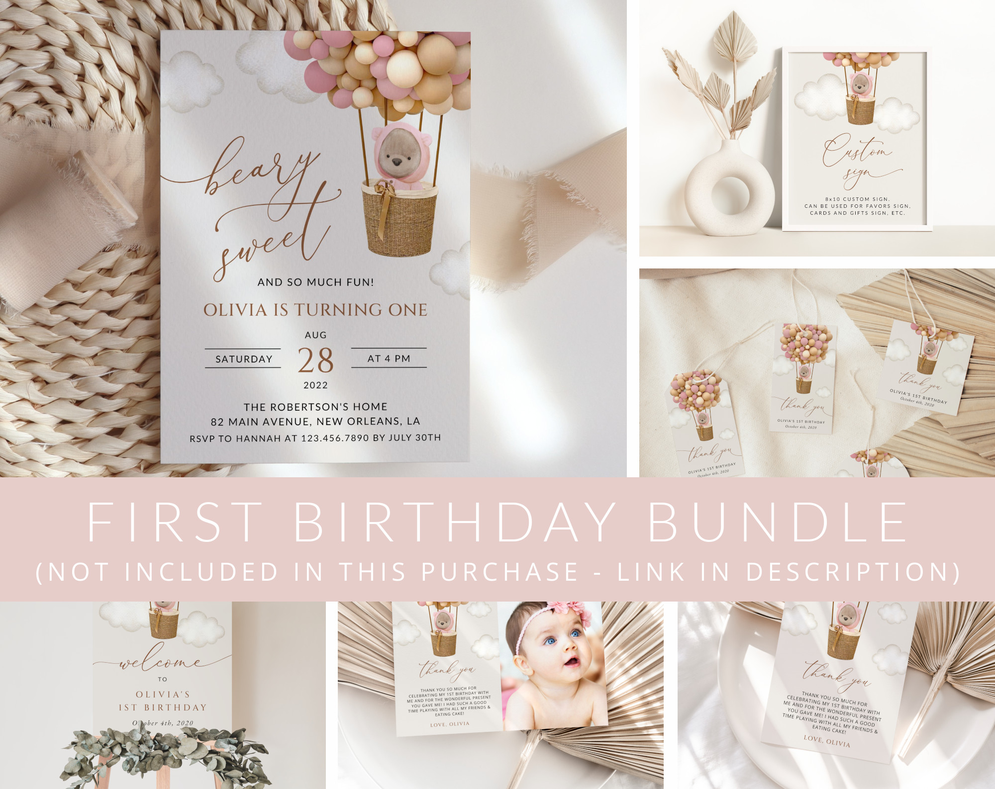 Bear and Pink Balloons First Birthday Invitation - Girl Birthday