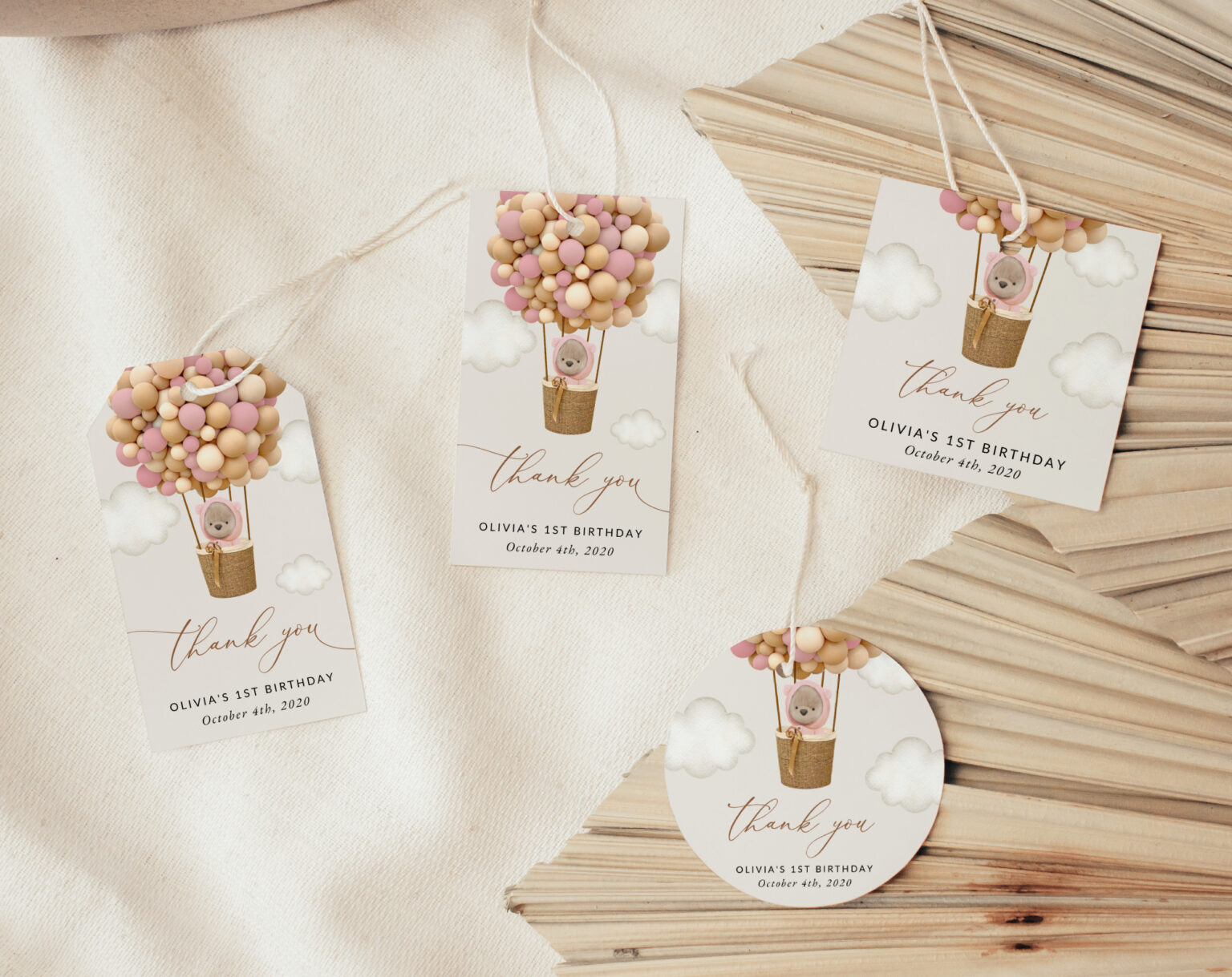 Bear and Pink Balloons Favor Tags - First Birthday - Girl Birthday