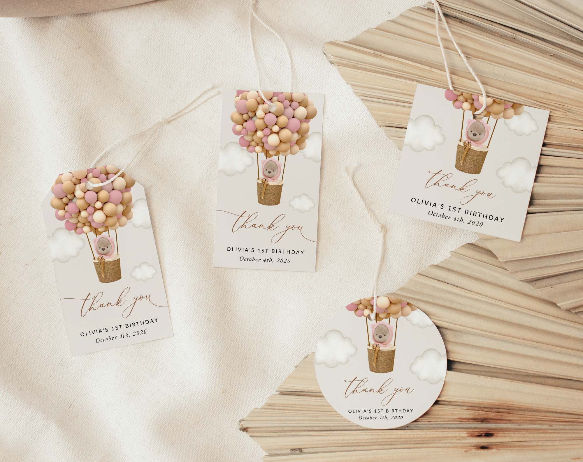 Bear and Pink Balloons Favor Tags - First Birthday - Girl Birthday