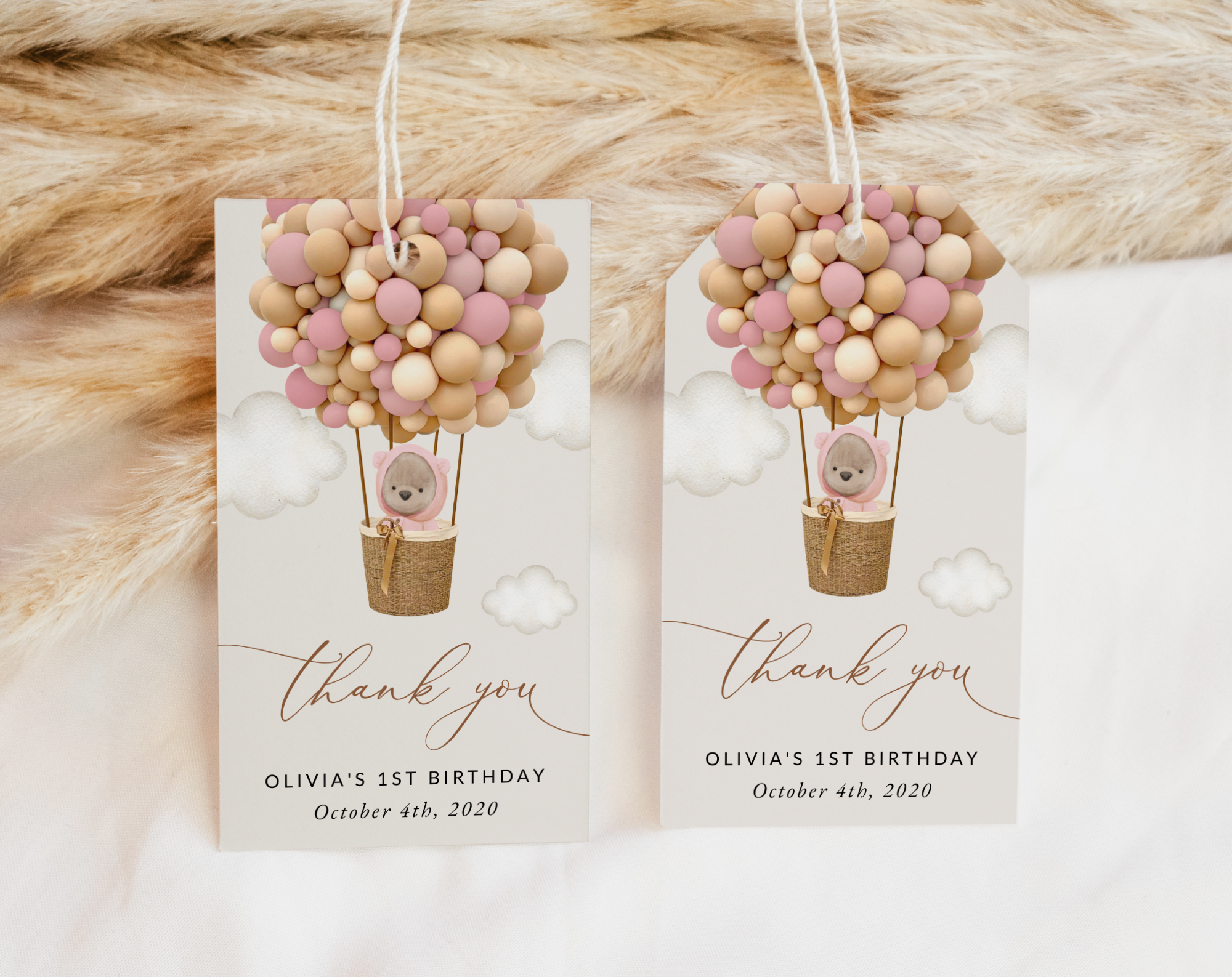 Bear and Pink Balloons Favor Tags - First Birthday - Girl Birthday