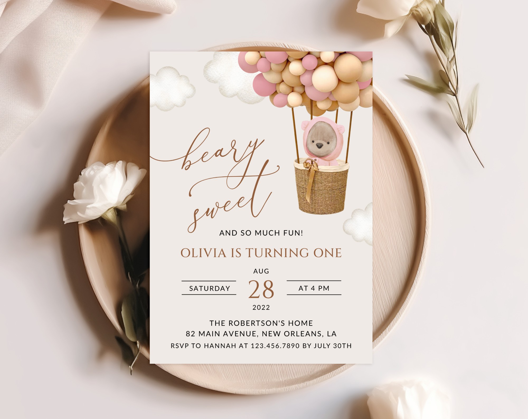 Bear and Pink Balloons First Birthday Invitation - Girl Birthday