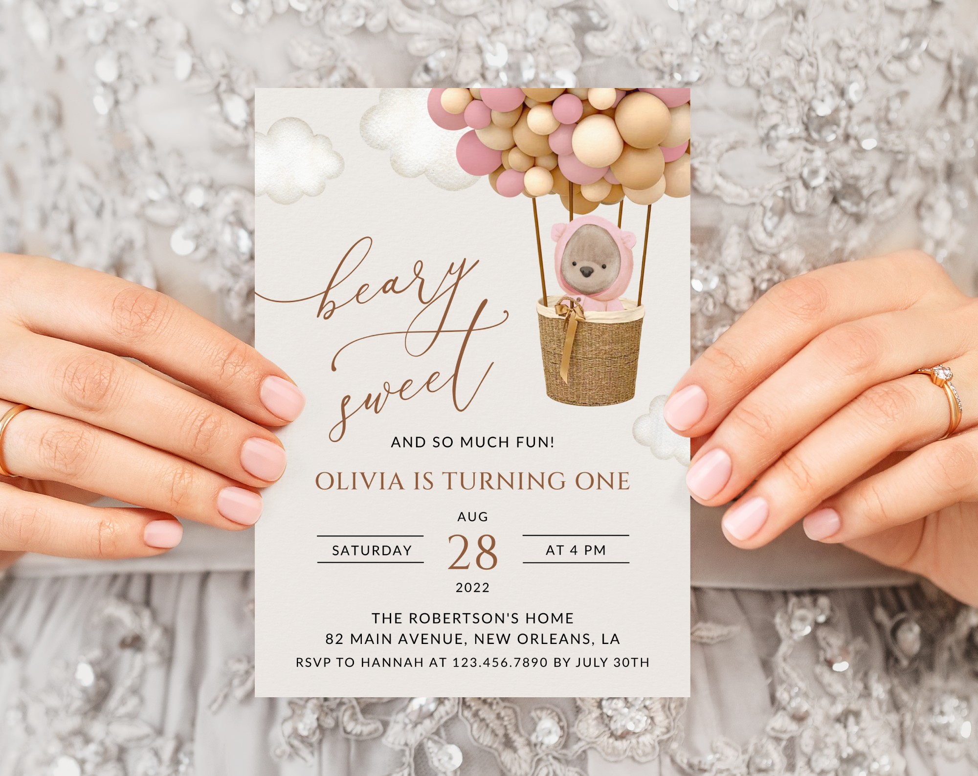 Bear and Pink Balloons First Birthday Invitation - Girl Birthday