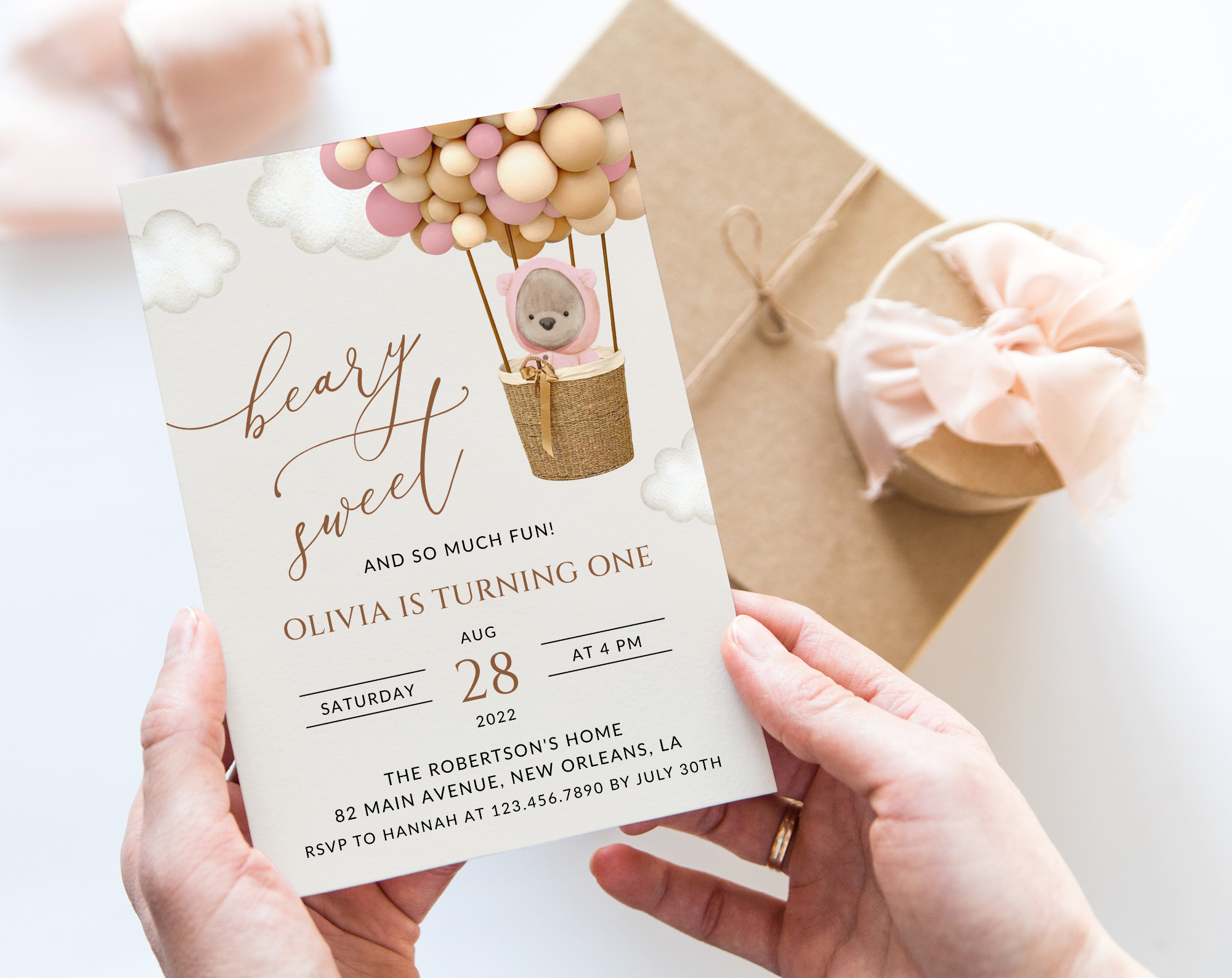 Bear and Pink Balloons First Birthday Invitation - Girl Birthday