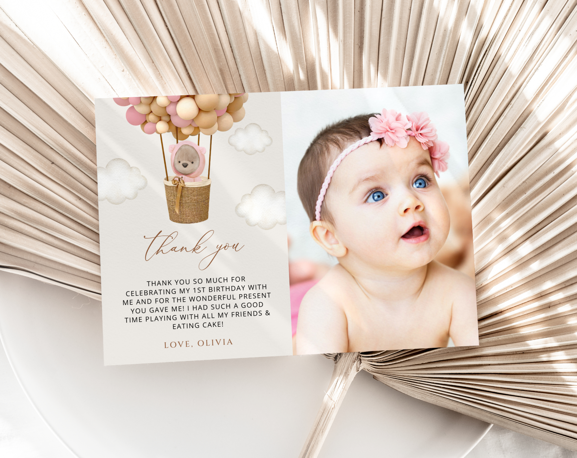 Bear and Pink Balloons Thank You Card - First Birthday Stationery