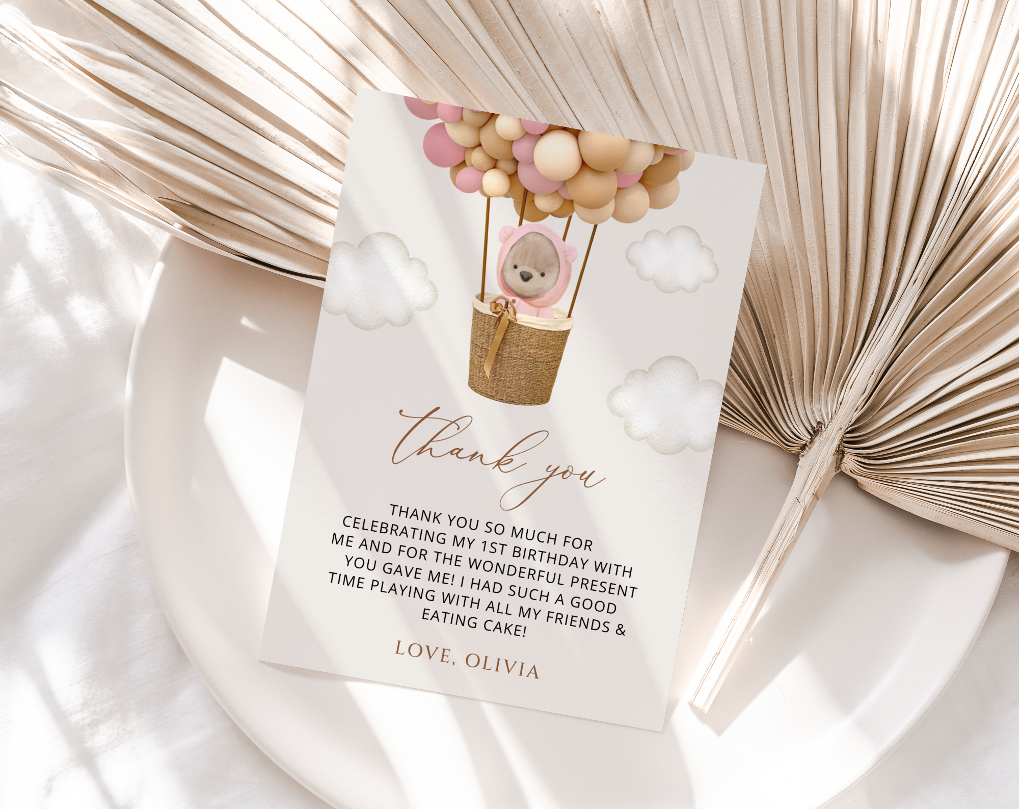 Bear and Pink Balloons Thank You Card - First Birthday Stationery