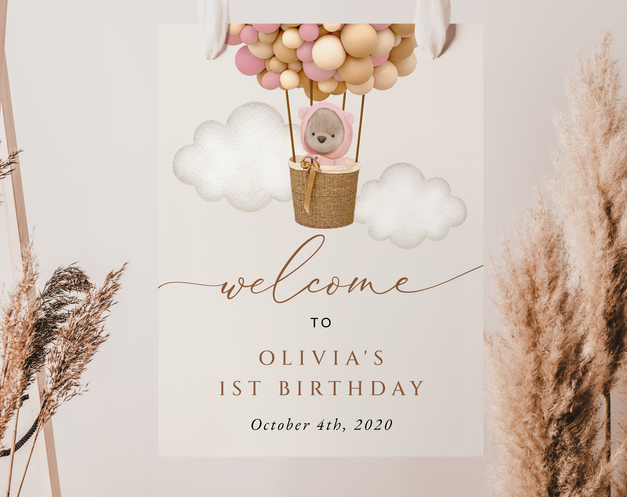 Bear and Pink Balloons Welcome Sign - First Birthday Sign