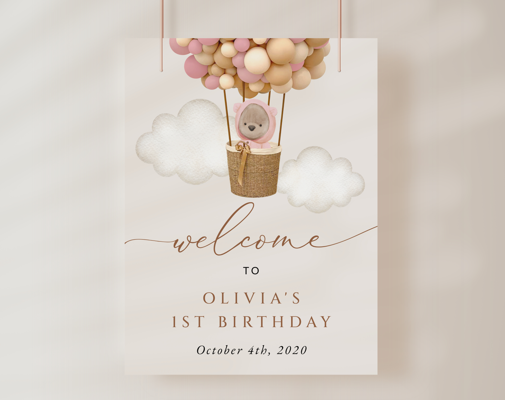 Bear and Pink Balloons Welcome Sign - First Birthday Sign