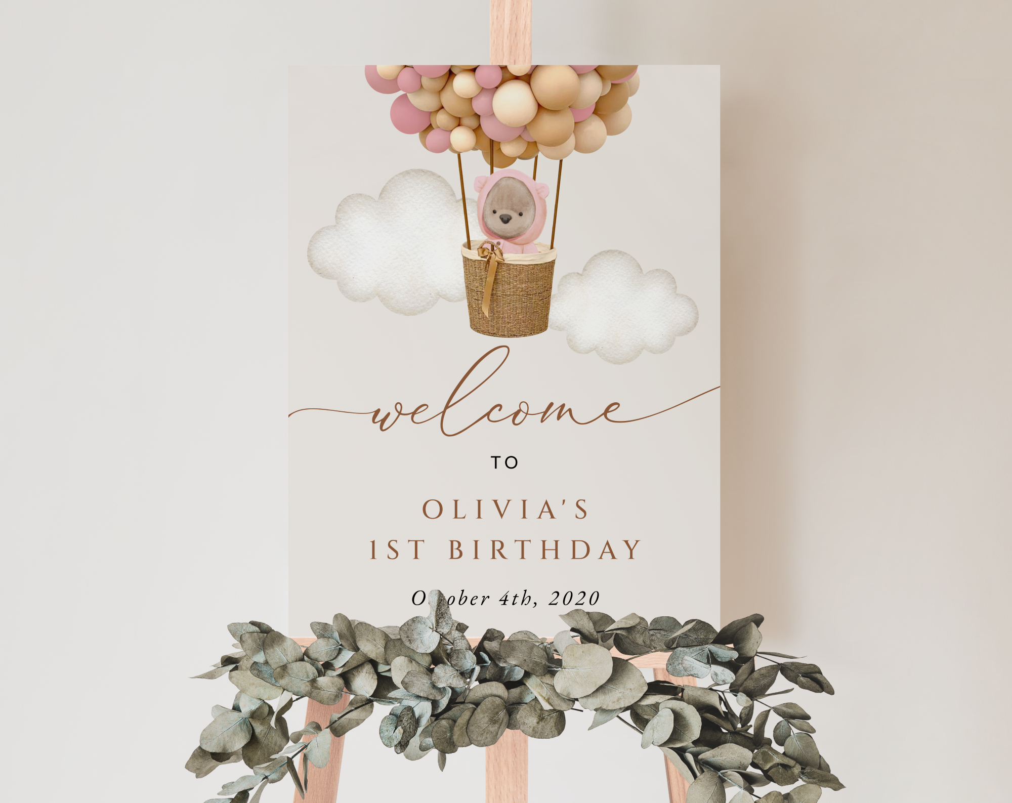 Bear and Pink Balloons Welcome Sign - First Birthday Sign