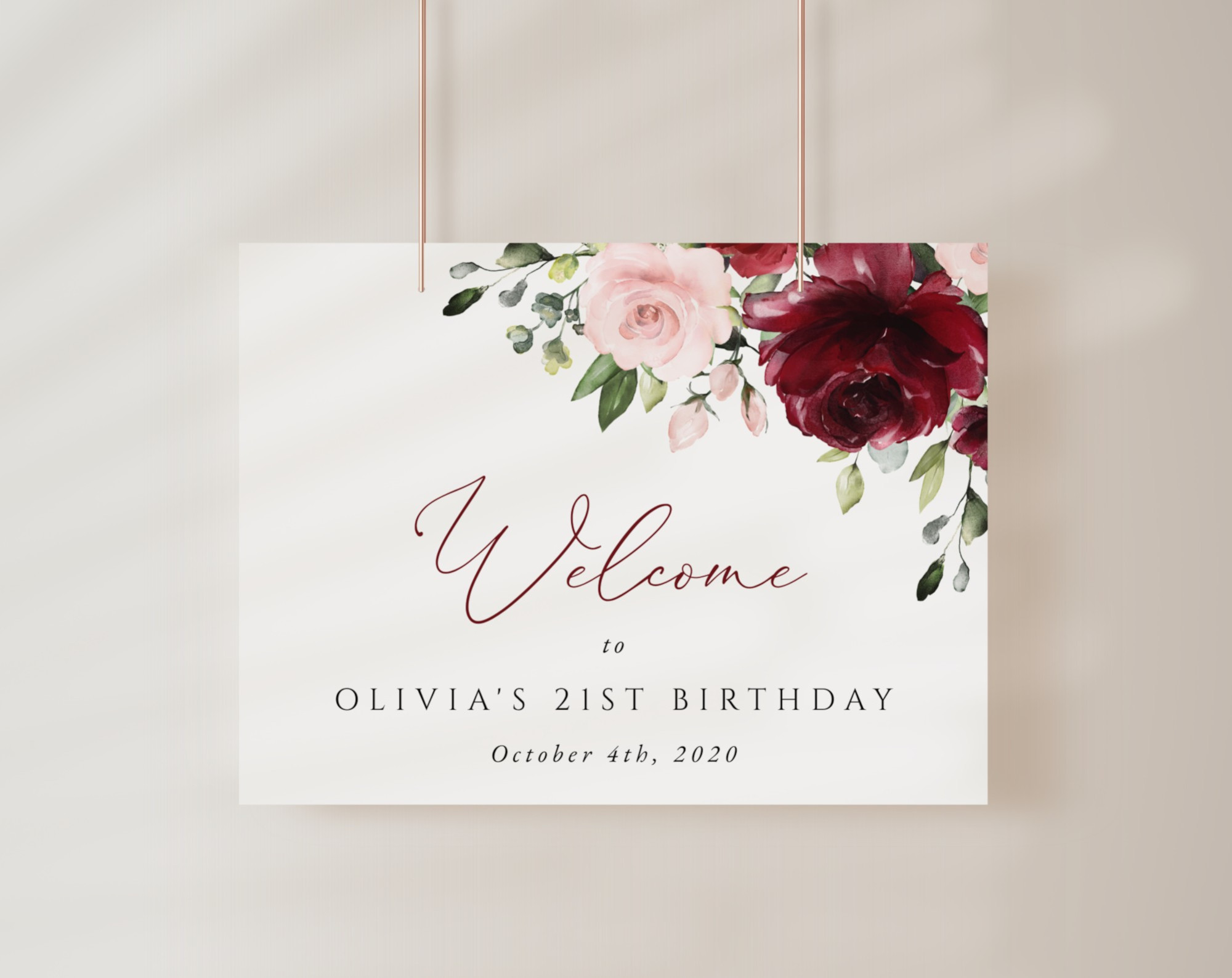 Burgundy and Blush Flowers Welcome Sign - Girl Birthday