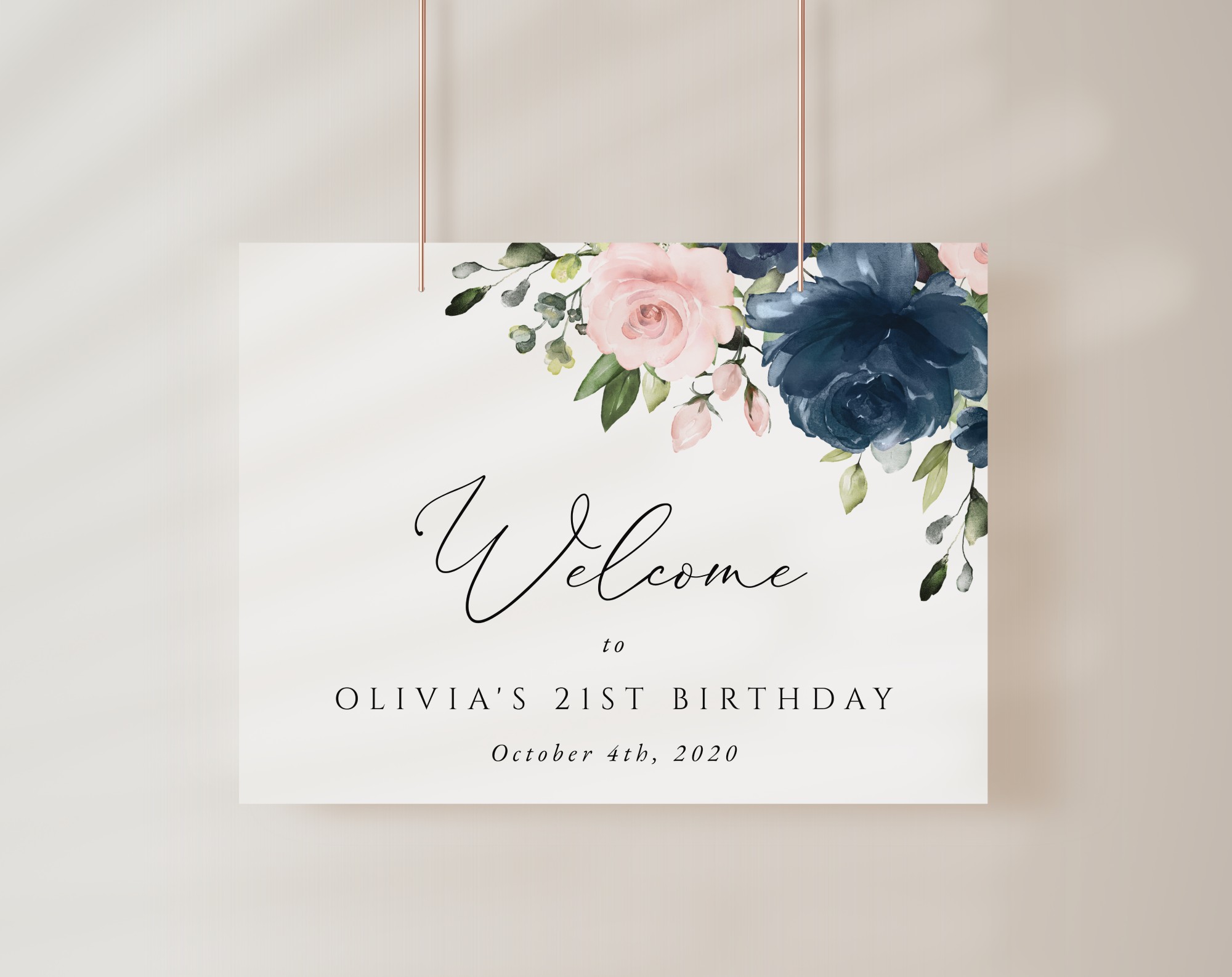 Navy and Blush Flowers Welcome Sign - Birthday Sign