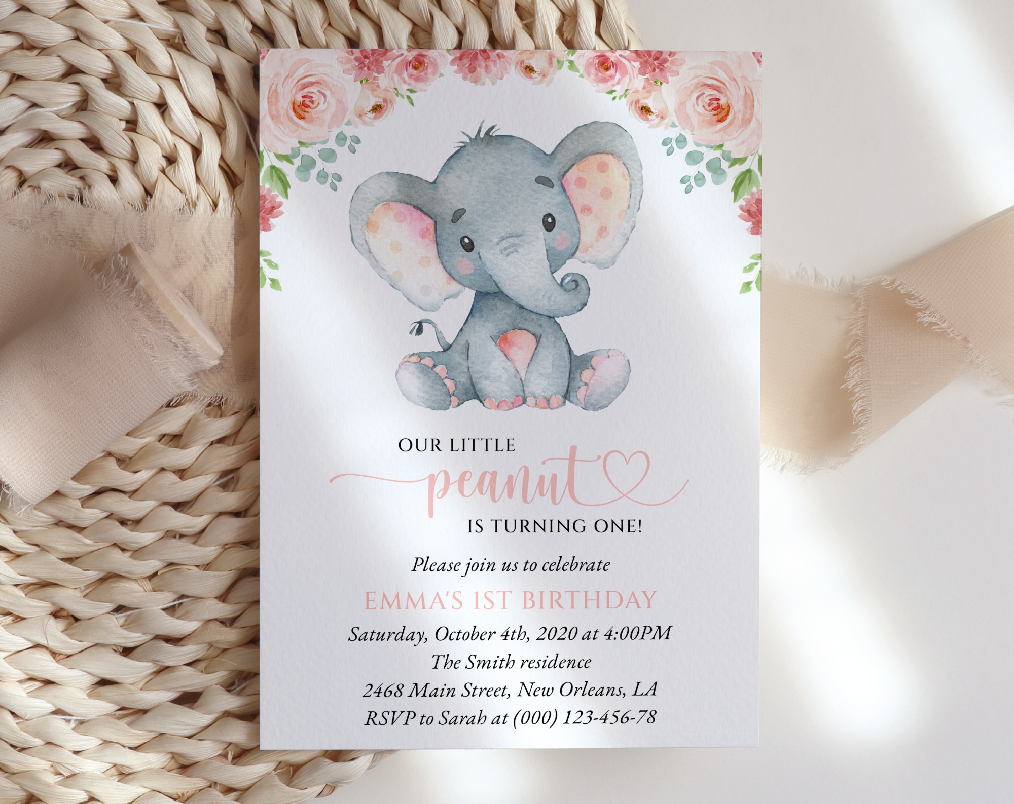 Little Elephant First Birthday Invitation - Birthday Stationery