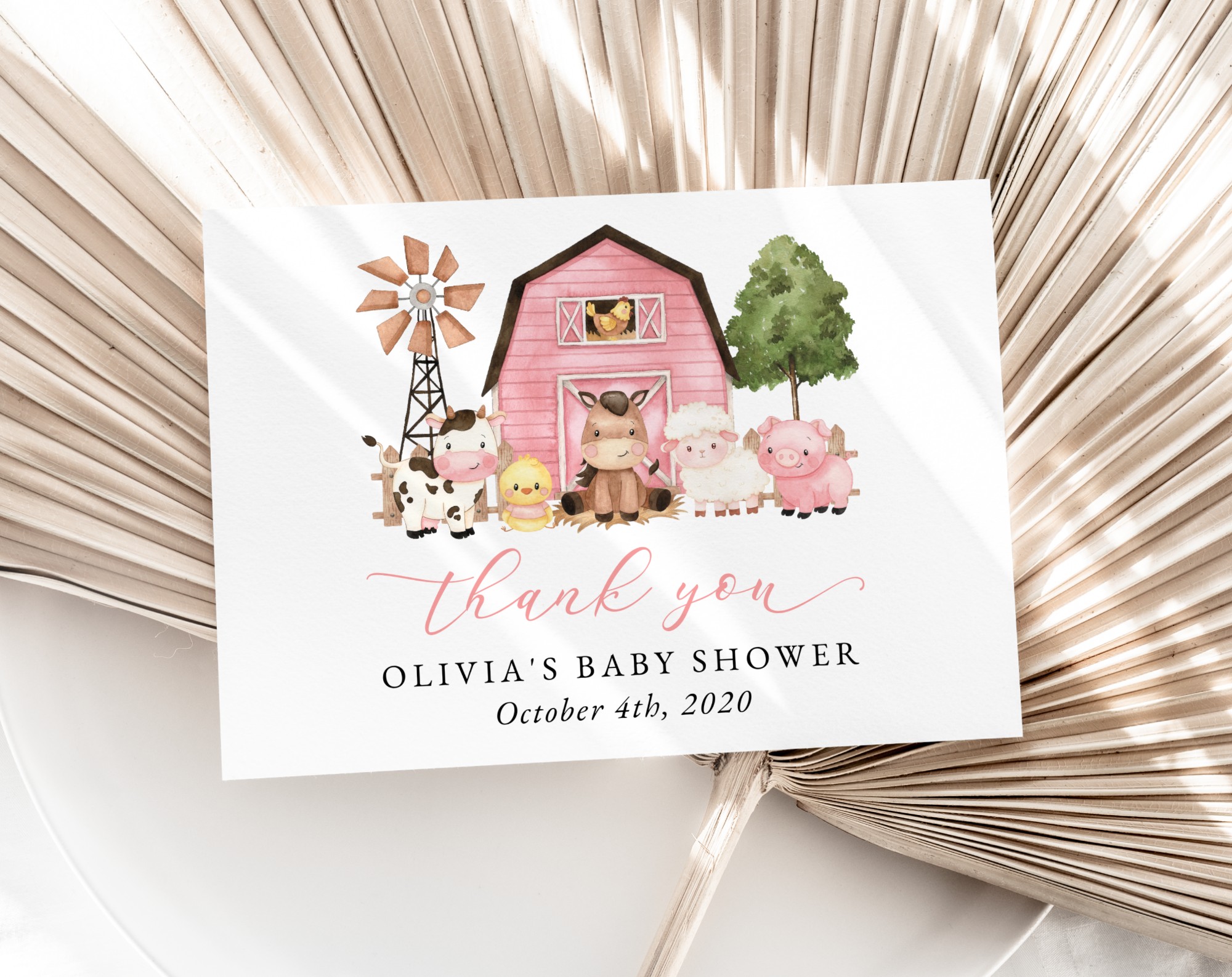 Farm Animals and Pink Barn Thank You Card - Girl Baby Shower
