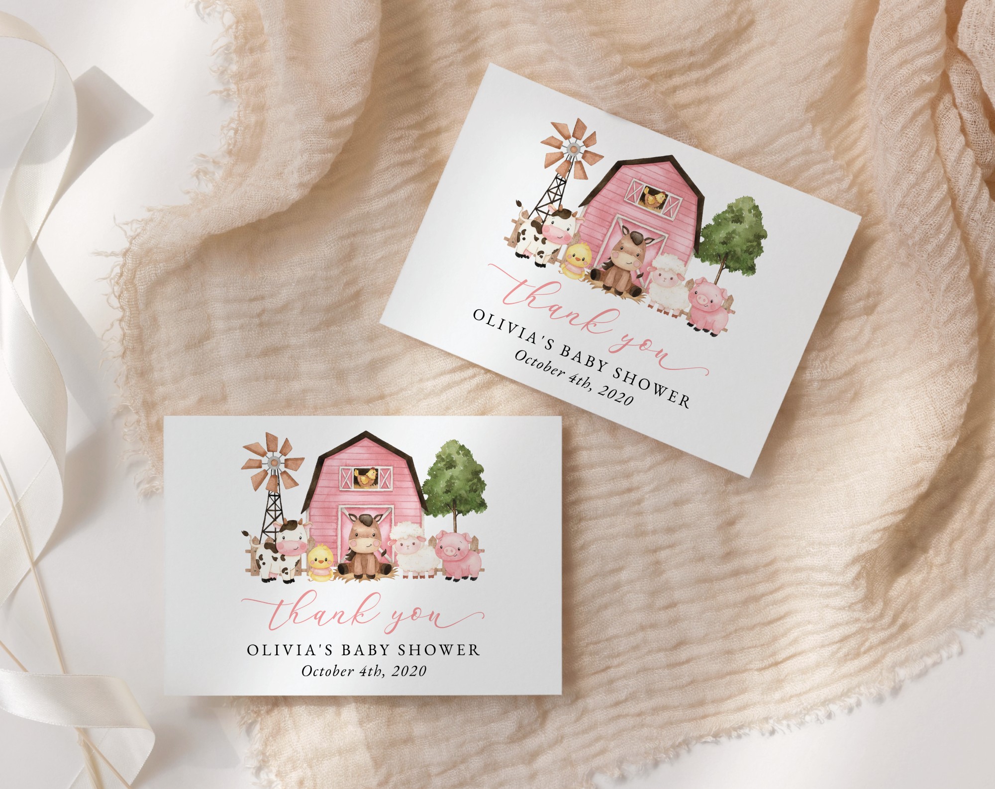 Farm Animals and Pink Barn Thank You Card - Girl Baby Shower