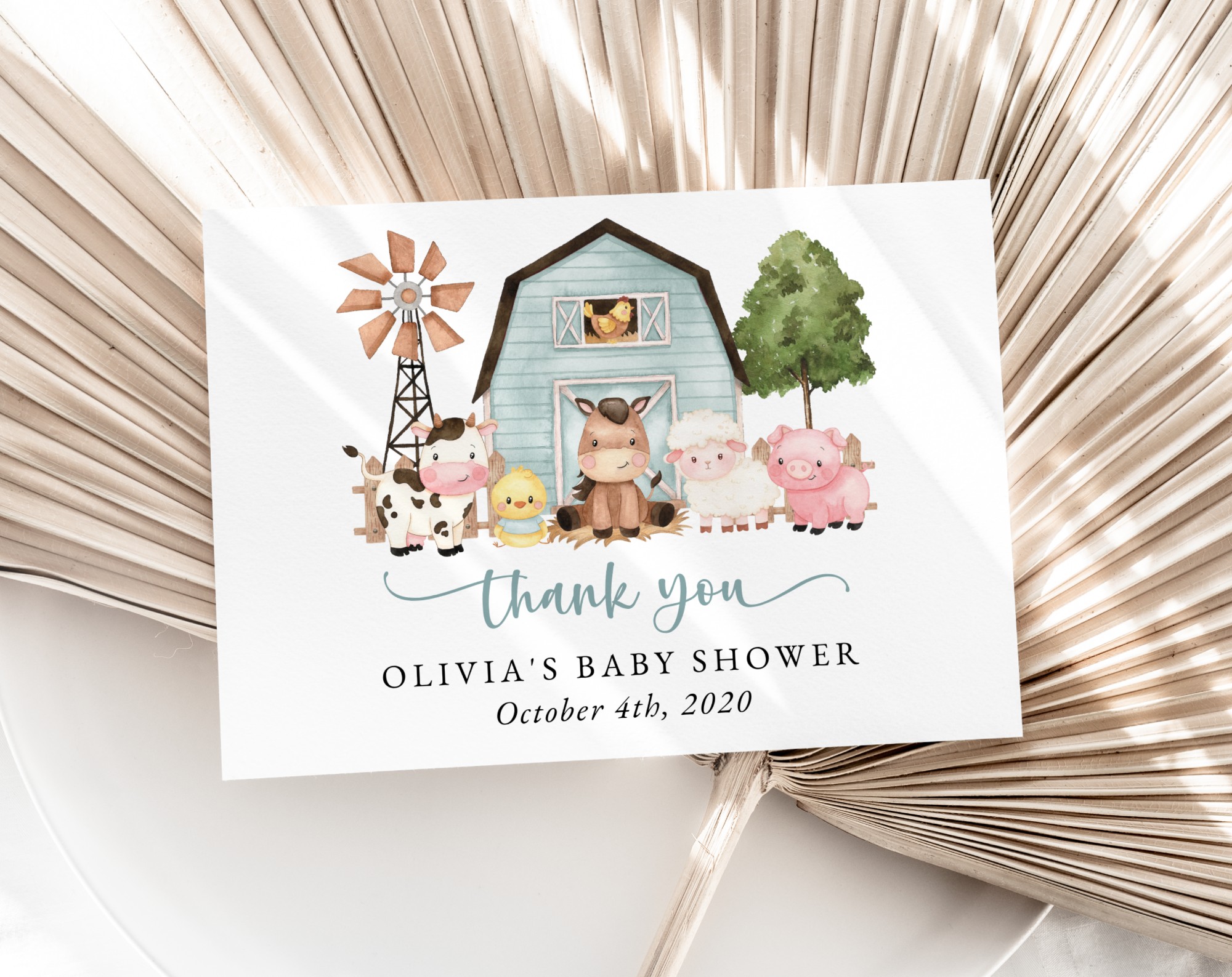 Farm Animals and Blue Barn Thank You Card - Girl Baby Shower