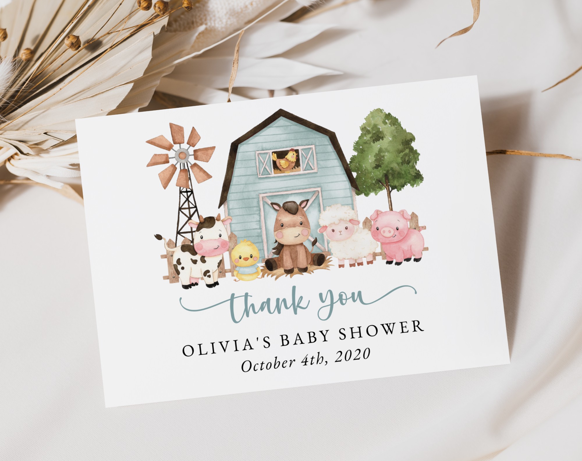 Farm Animals and Blue Barn Thank You Card - Girl Baby Shower